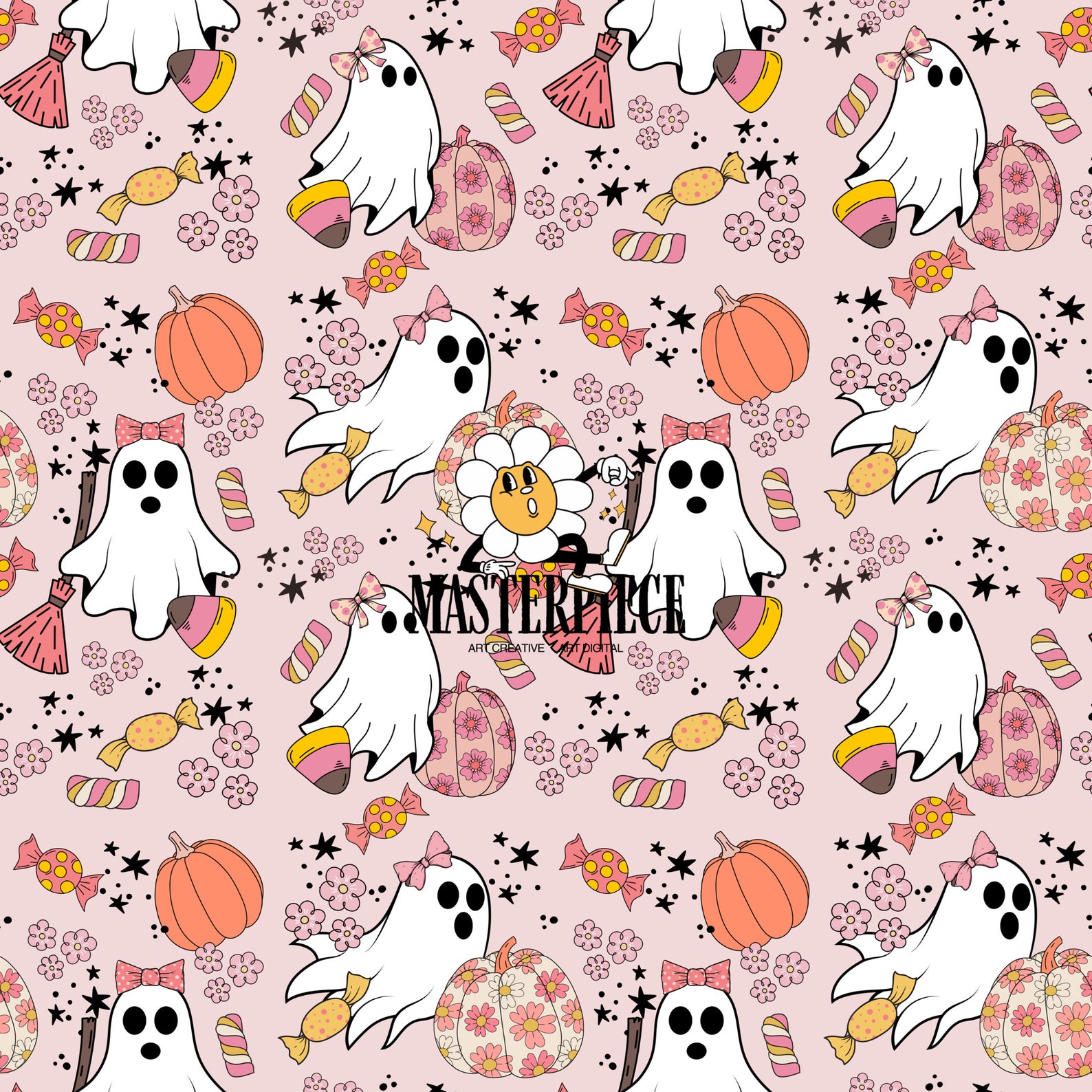 Halloween Cute Ghost Seamless Pattern, Boho Halloween Ghost Reapeting ...