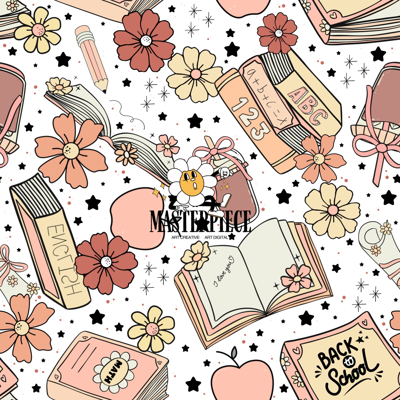 Pastel Pink Back to School Seamless Digital Paper, Floral Book Seamless ...