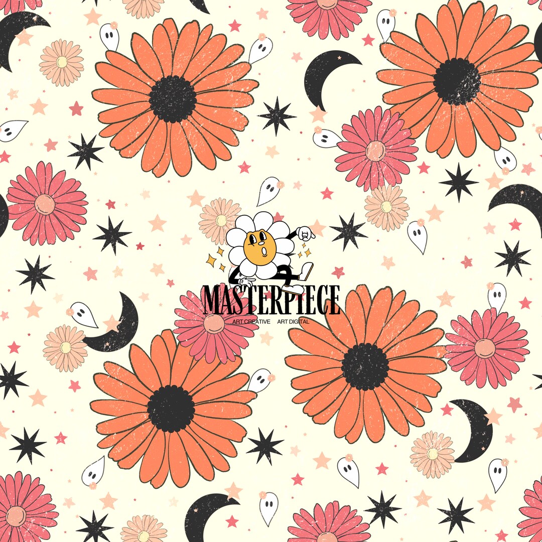 Retro 70s 60s Hippie Groovy Halloween Seamless Pattern, Floral Girly ...