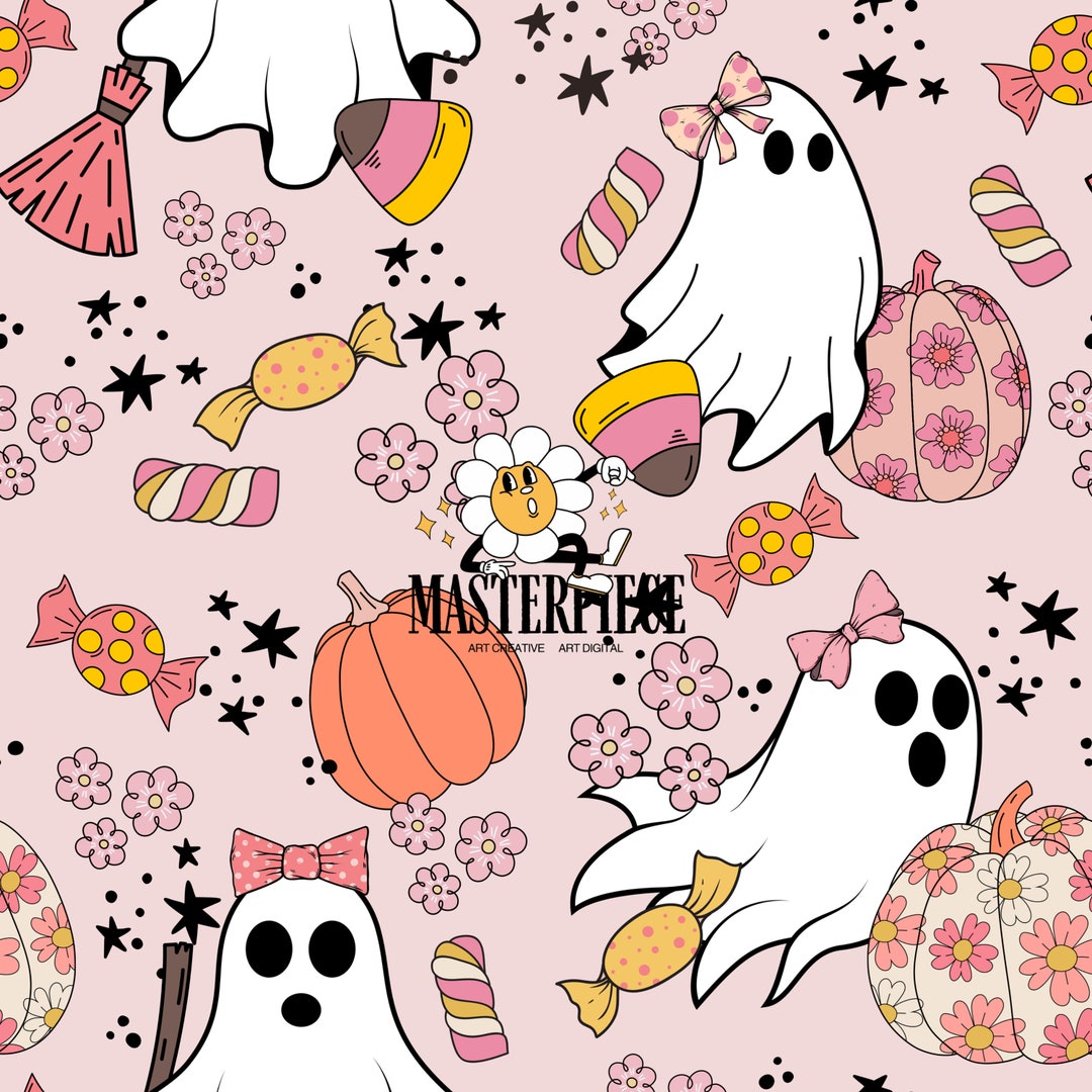 Halloween Cute Ghost Seamless Pattern, Boho Halloween Ghost Reapeting ...