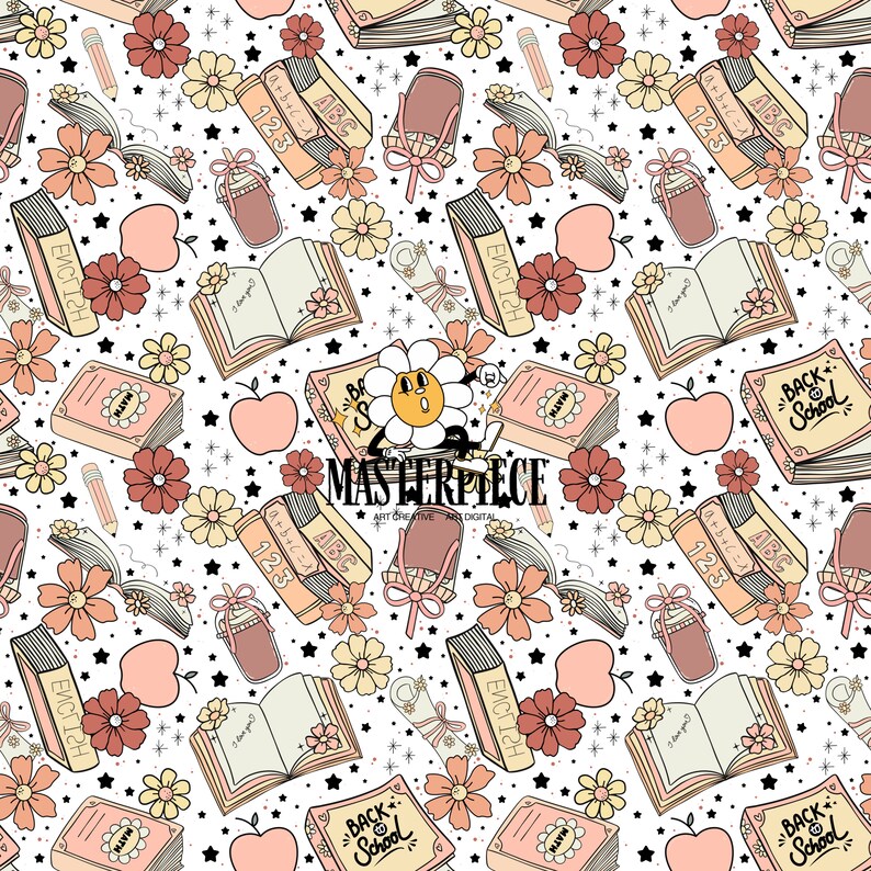Pastel Pink Back to School Seamless Digital Paper, Floral Book Seamless ...