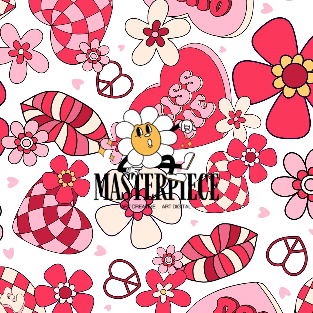 Retro Groovy Valentine's Day Seamless Pattern, Floral Hearts Valentines ...
