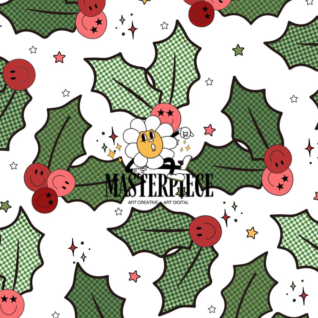 Retro Holly Jolly Christmas Smiley Face Seamless Pattern, Merry ...
