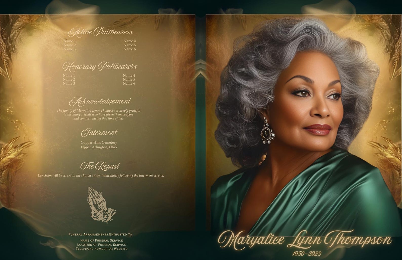 Upscale 11x17 Funeral Program Template Beige & Gold Obituary Easy to ...