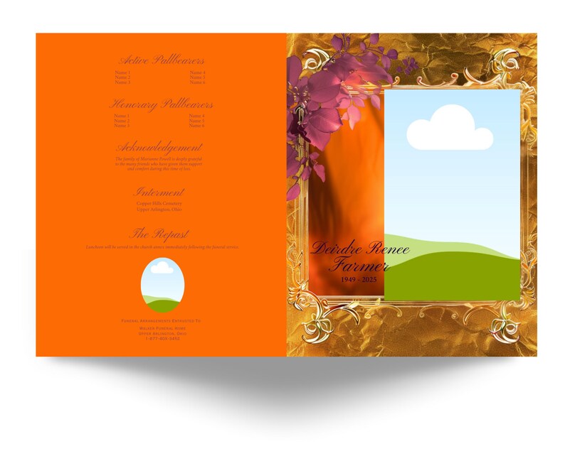 Elegant 11x17 Funeral Program Template |gold & Orange Obituary| Easy to ...