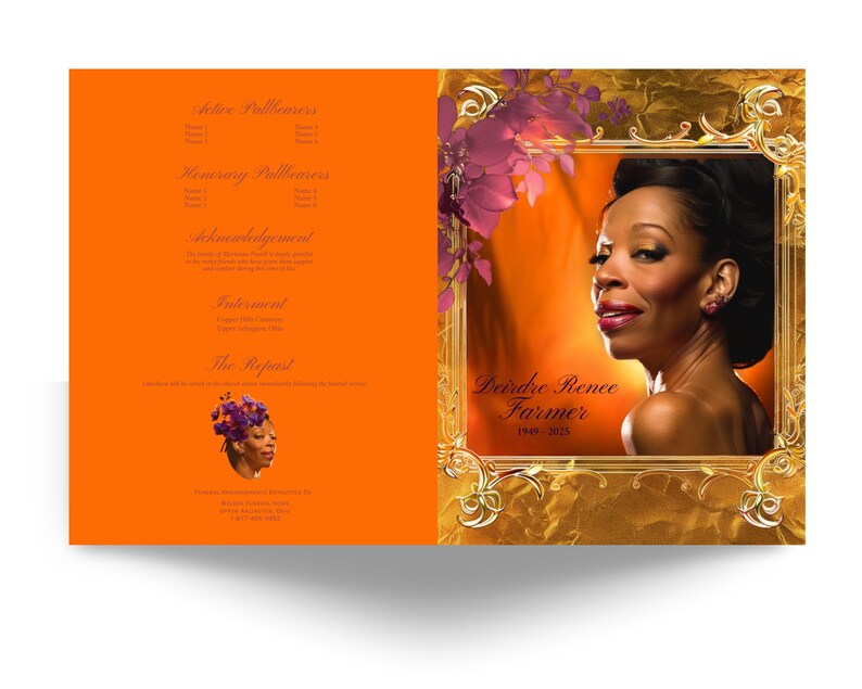 Elegant 11x17 Funeral Program Template |gold & Orange Obituary| Easy to ...