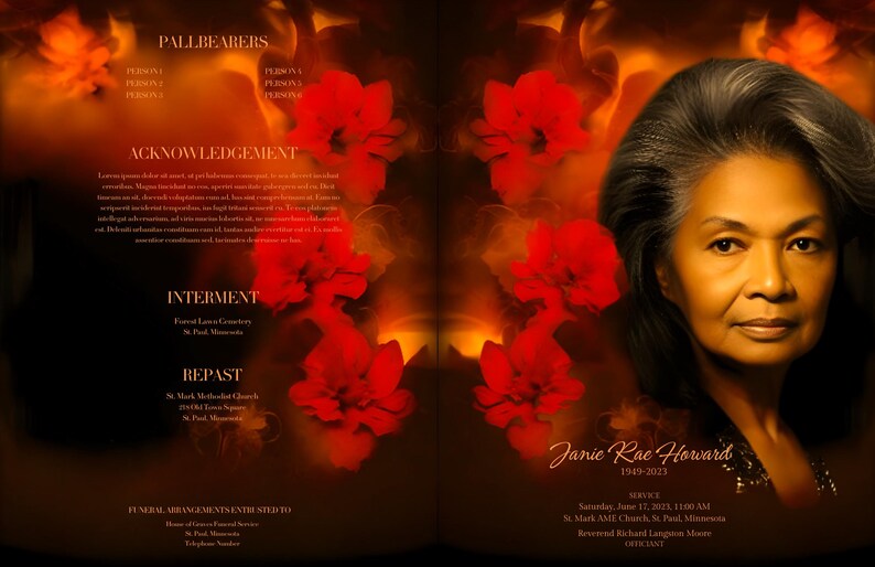 Graceful 11x17 Funeral Program Template | Bronze & Red Obituary| Easy ...