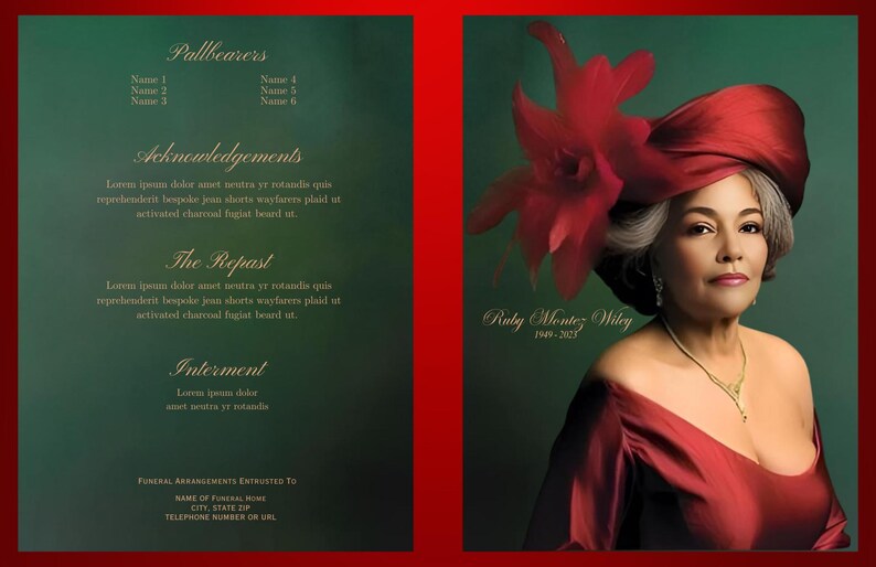 Brilliant 11x17 Funeral Program Template | Red & Green Obituary| Easy ...