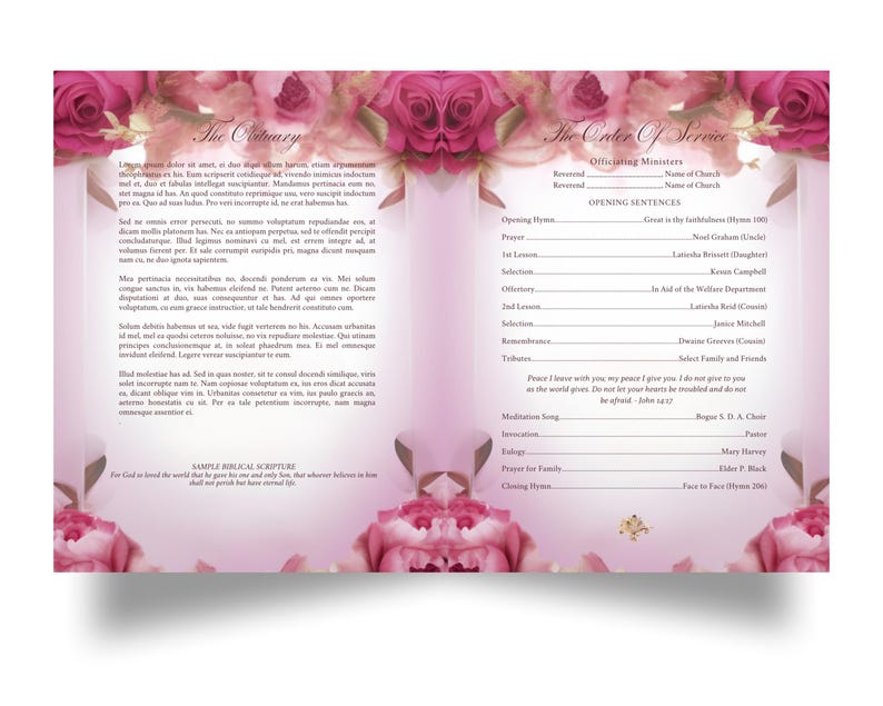 Radiant 11x17 Funeral Program Template | Pink & White Obituary| Easy to ...