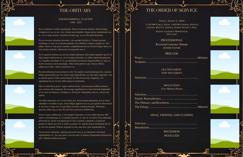 8.5x11 in Folded Funeral Program Template | Black & Gold Obituary| Easy ...