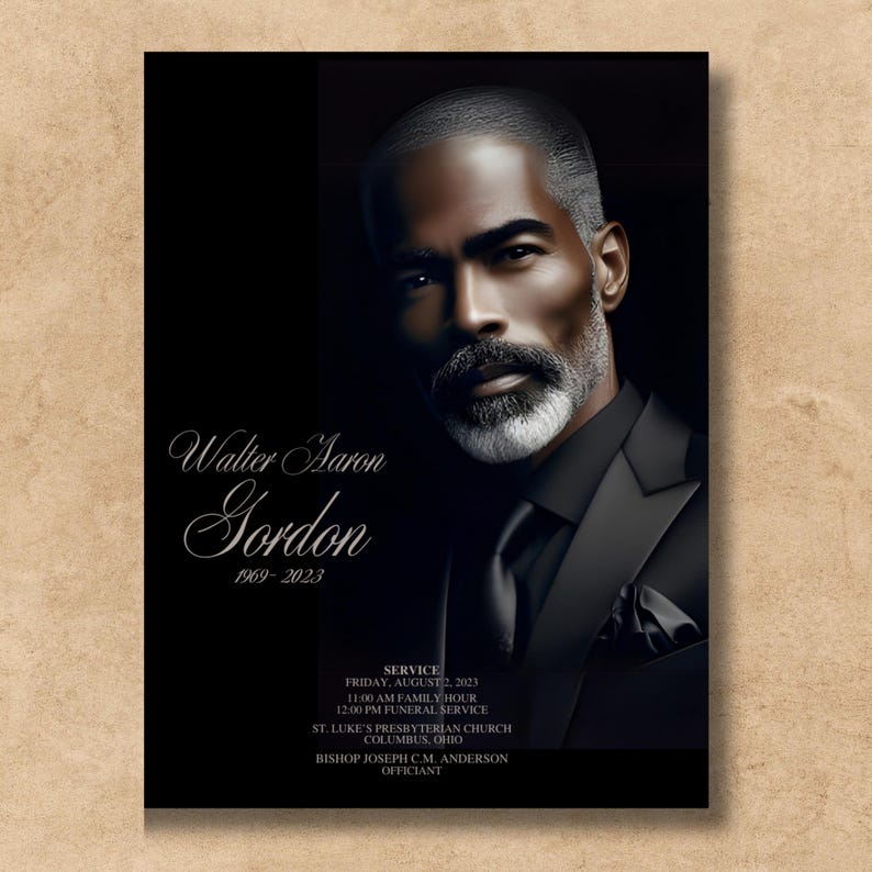 Handsome 11x17 Funeral Program Template | Black & Gray Obituary| Easy ...
