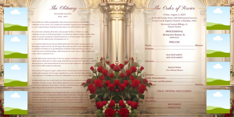 Prestigious Square Funeral Program Template | White & Gold Obituary ...