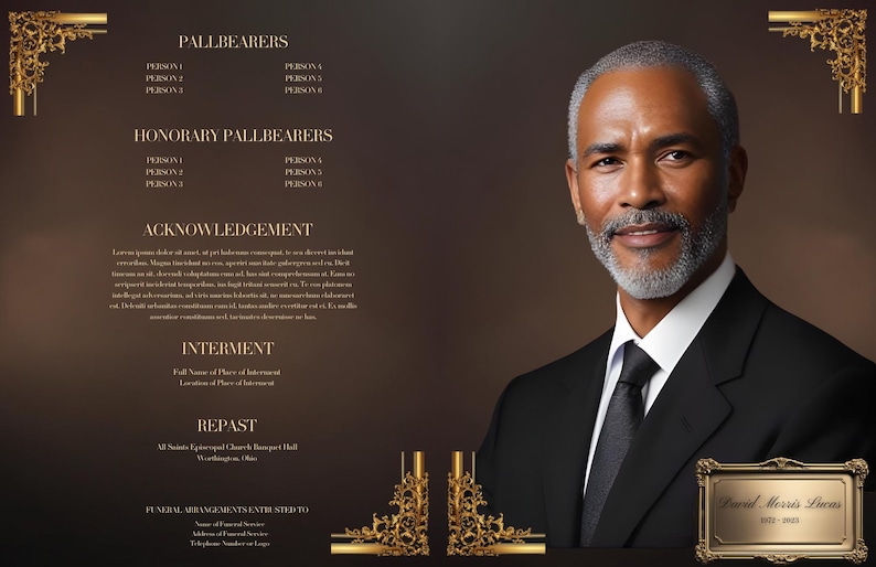 Solemn 11x17 Funeral Program Template | Black & Gold Obituary| Easy to ...