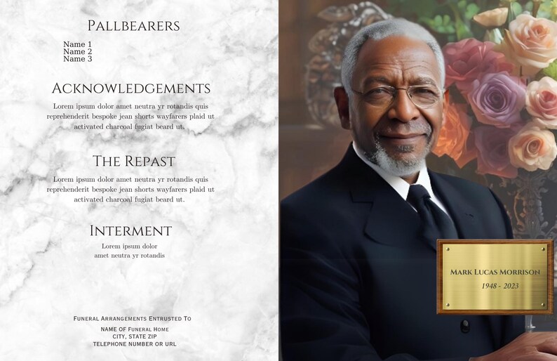 Grand 11x17 Funeral Program Template | Brown & Gold Obituary| Easy to ...