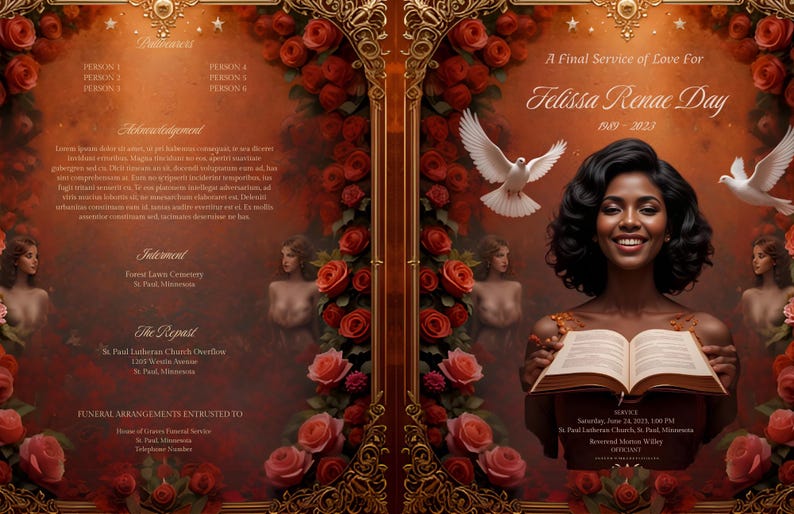 Elegant 11x17 Funeral Program Template Brown & Gold Obituary Easy to ...