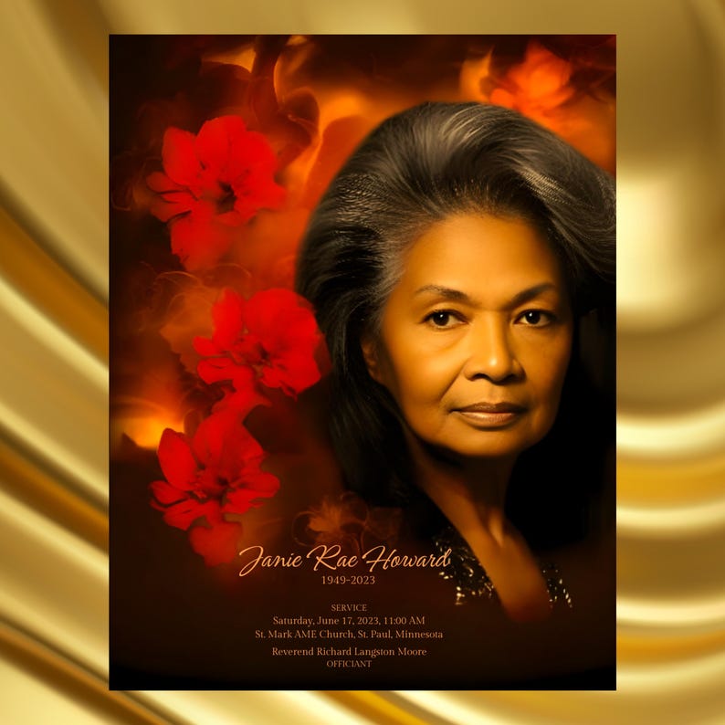 Elegant 11x17 Funeral Program Template Bronze & Red Obituary Easy to ...