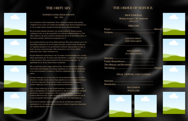 8.5x11 in Folded Funeral Program Template | Black & Gold Obituary| Easy ...