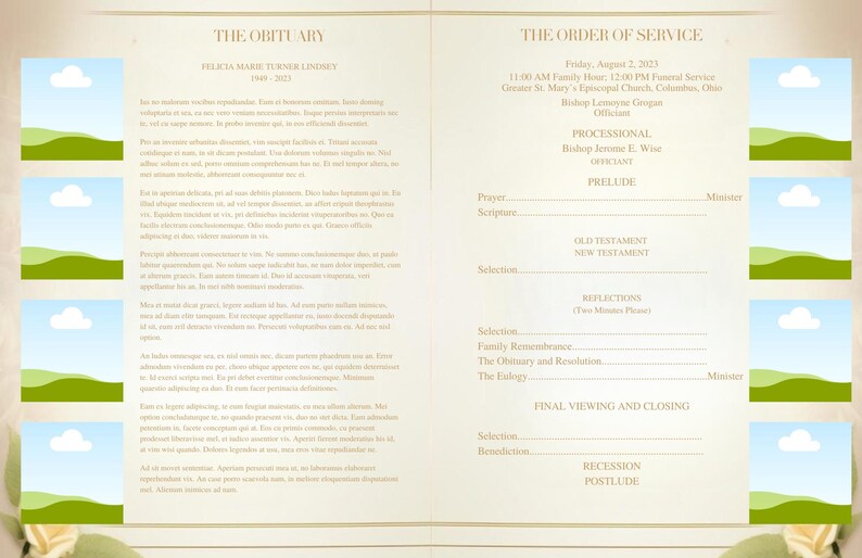 Pretty 11x17 Funeral Program Template Beige & Gold Obituary Easy to ...