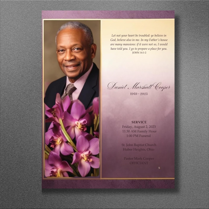 Solemn 11x17 Funeral Program Template | Purple & Gold Obituary| Easy to ...