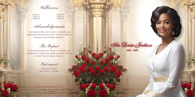 Prestigious Square Funeral Program Template | White & Gold Obituary ...