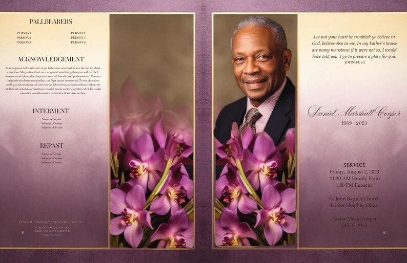 Solemn 11x17 Funeral Program Template | Purple & Gold Obituary| Easy to ...