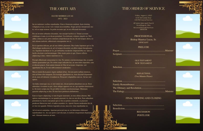 Solemn 11x17 Funeral Program Template | Black & Gold Obituary| Easy to ...