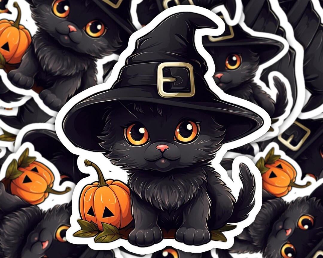 Black Cat Witches Hat Sticker: Spooky Halloween Decor - Etsy