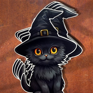 Adorable Black Cat Witches Hat Sticker - Spooky and Cute for Any ...