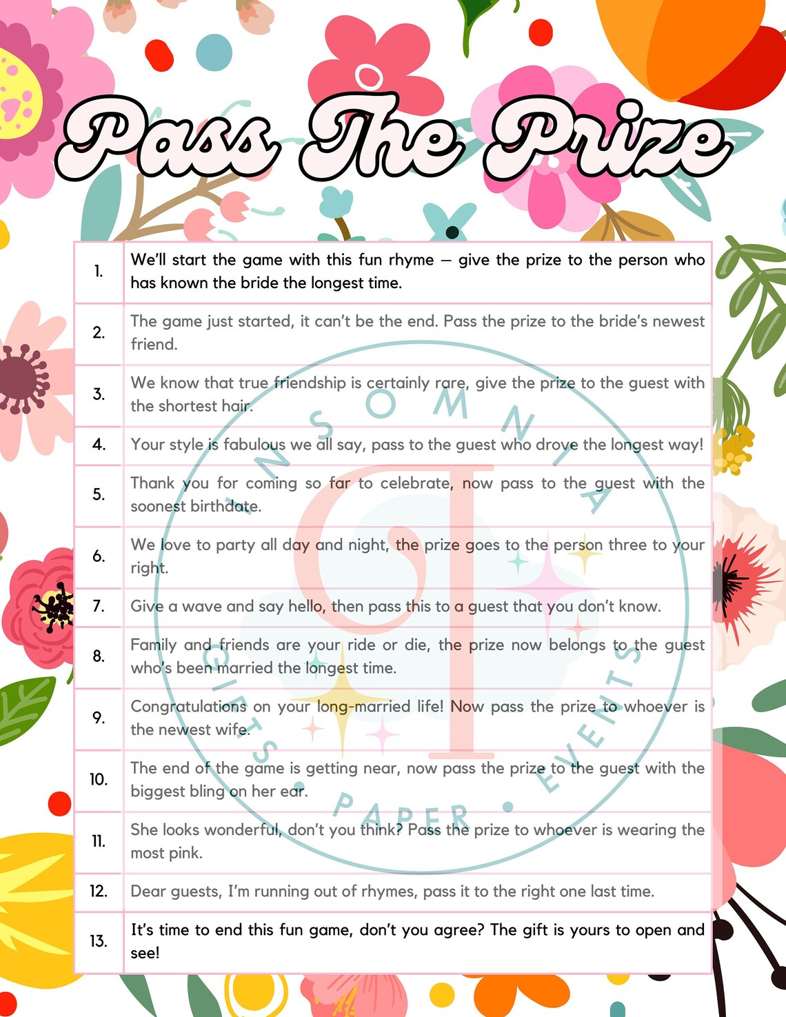 Pass the Prize Game | Bridal Shower Game | Cute Fun Flower Retro Gift ...
