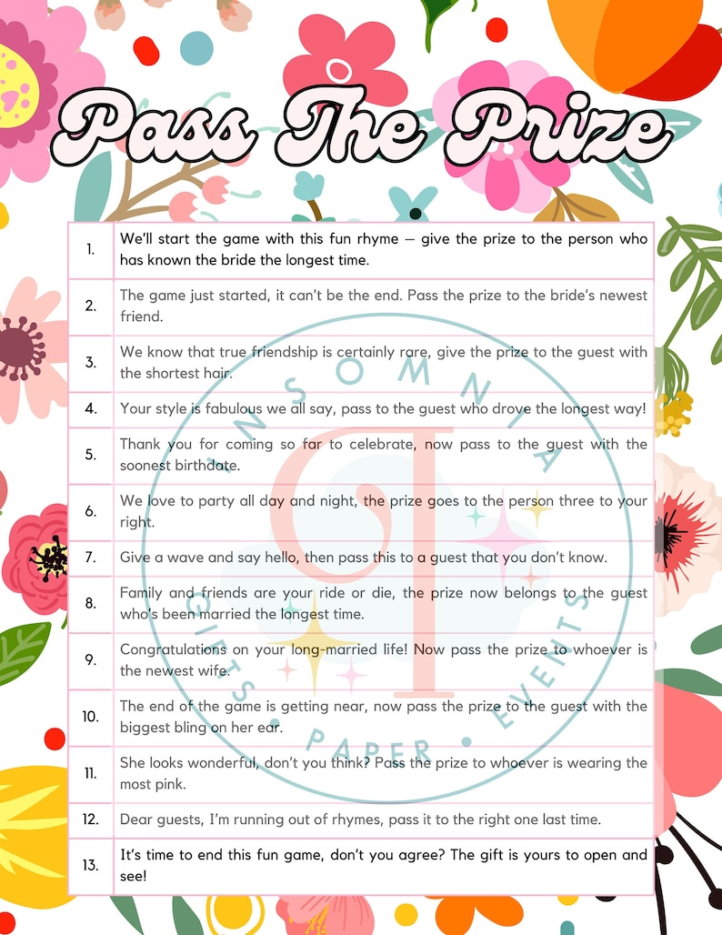 Pass the Prize Game | Bridal Shower Game | Cute Fun Flower Retro Gift ...