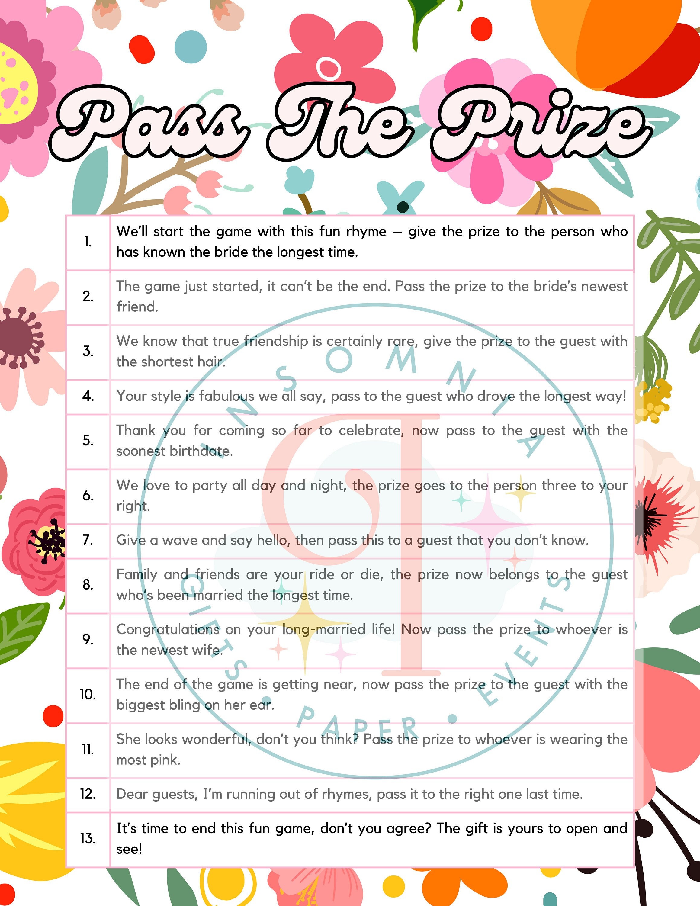 Pass the Prize Game | Bridal Shower Game | Cute Fun Flower Retro Gift ...