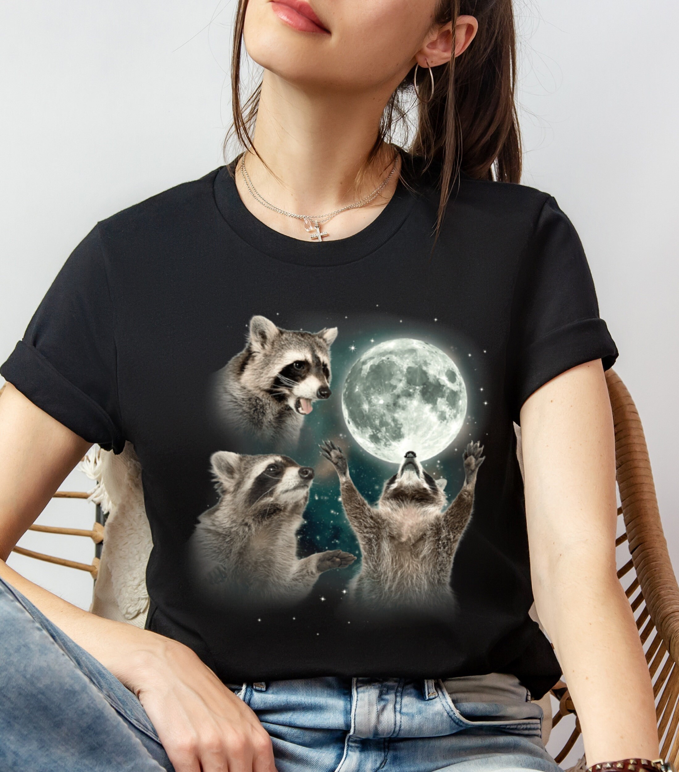 Three Raccoons Vintage Graphic T-shirts, Raccoon Moon T-shirt, Raccoon ...
