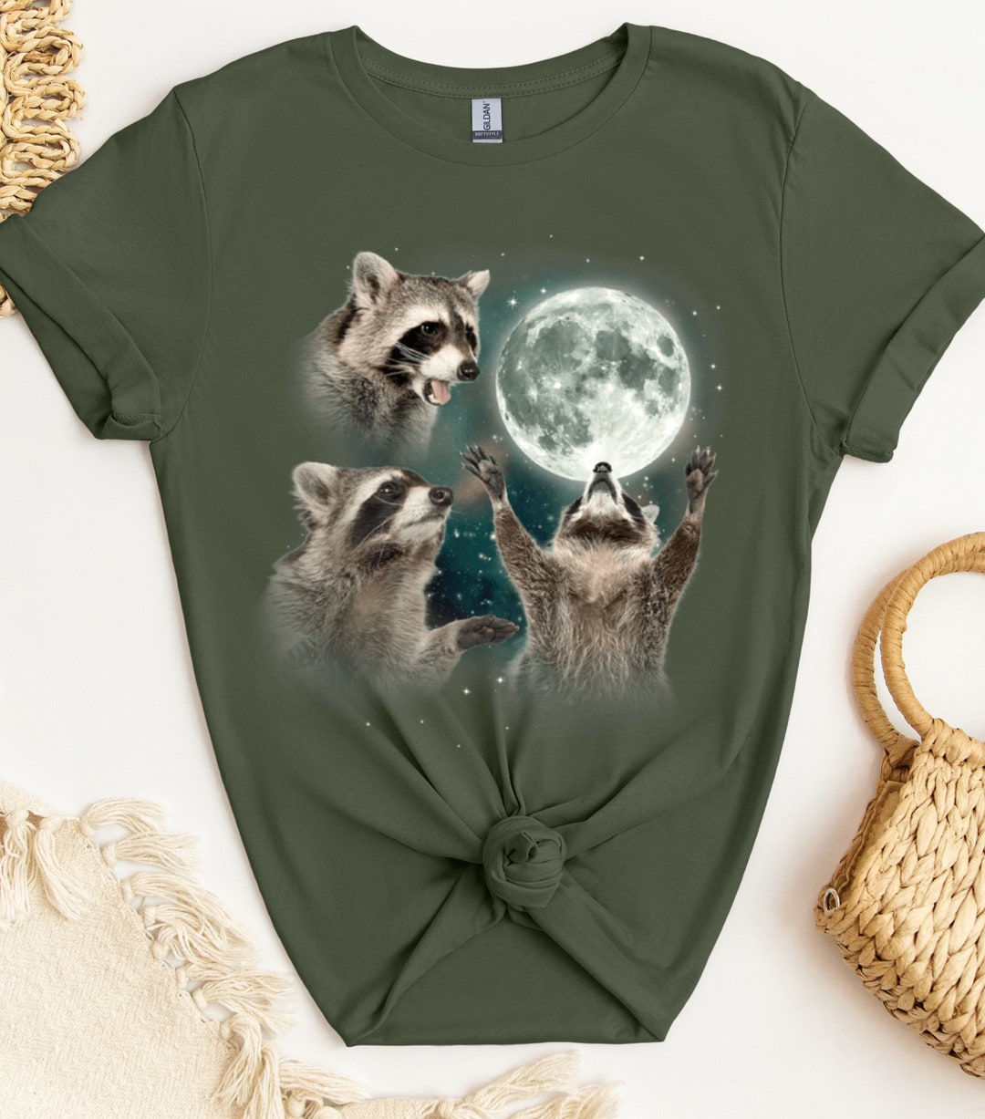 Three Raccoons Vintage Graphic T-shirts, Raccoon Moon T-shirt, Raccoon ...