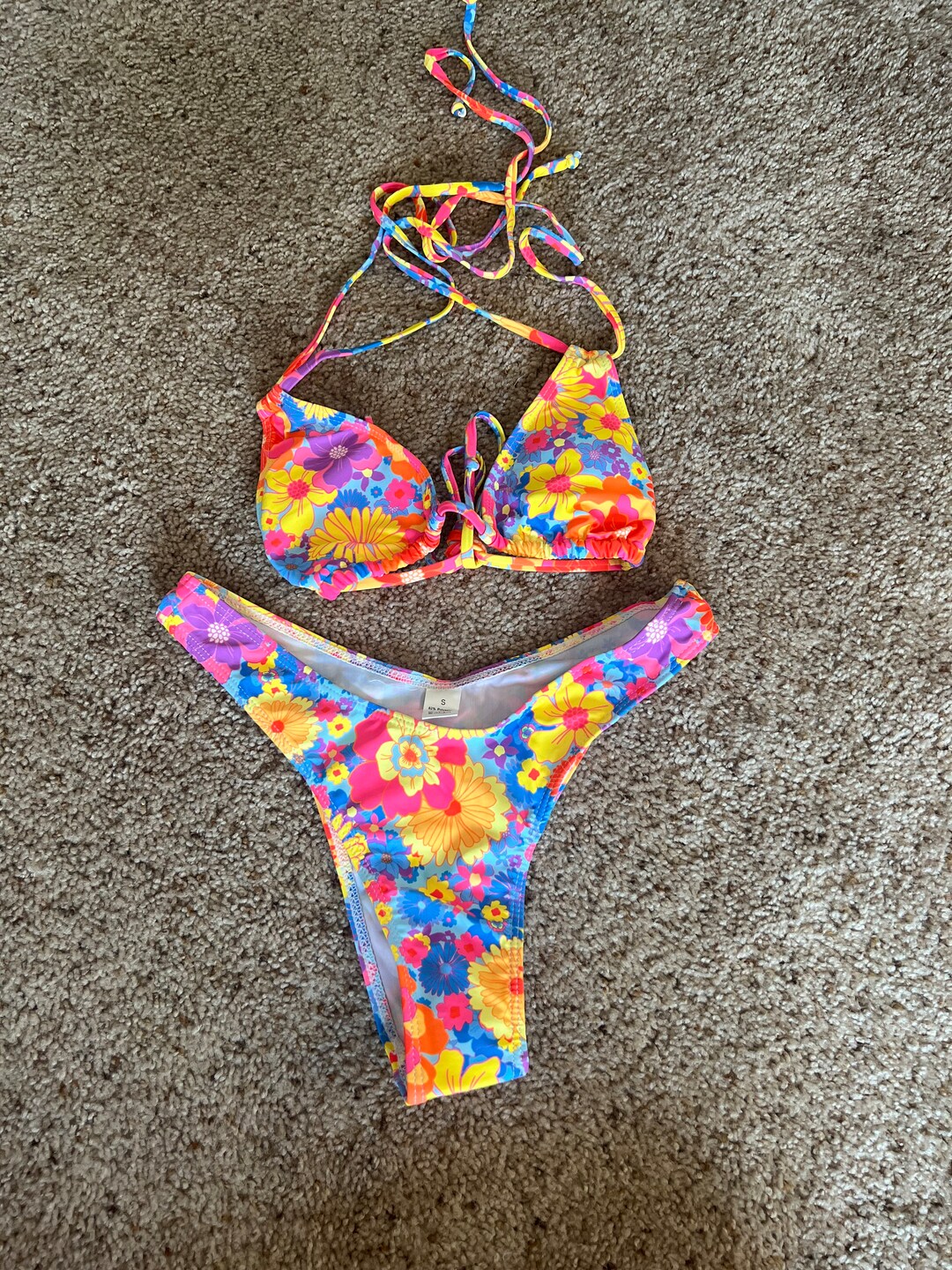 Bright Floral Bikini Halter Top Thong Bikini Set Two Piece Bikini Set Etsy