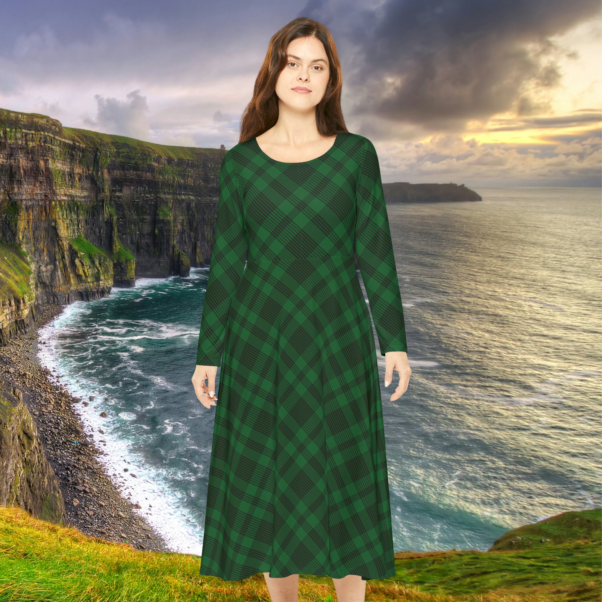 Women's Long Sleeve Green Plaid Dance Dress, Irish Dress, Winter Wear ...