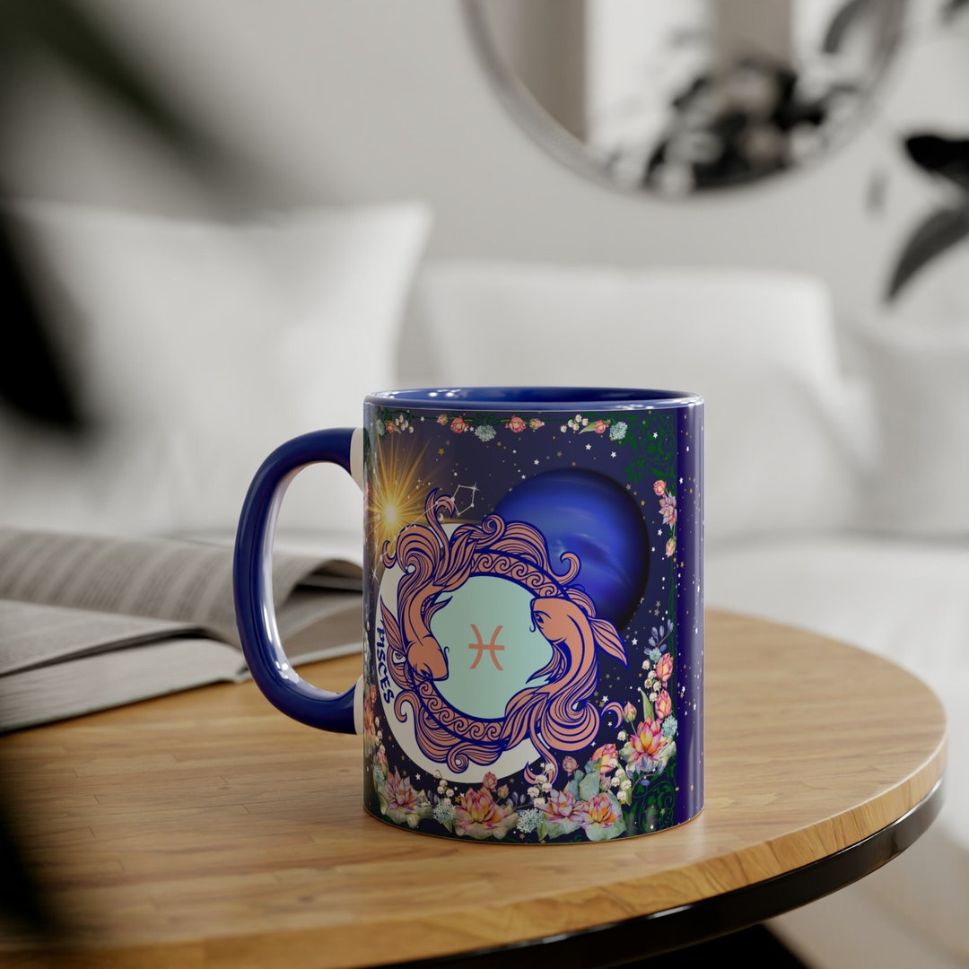 Pisces Zodiac Sign and Symbol Wrap-around Design Mug, Blue Accents ...