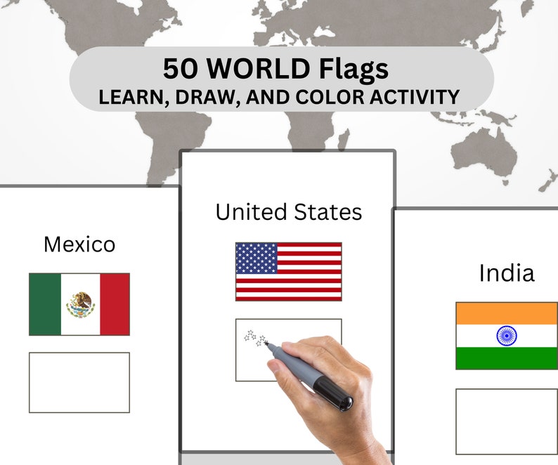 50 World Flags Printable Coloring Pages, Learn and Draw Activity ...