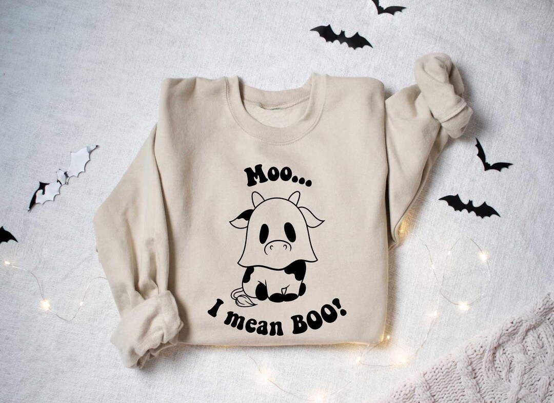 Moo I Mean Boo Shirt, Cute Ghost Sweater, Cartoon Heroes Shirt, Ghost ...