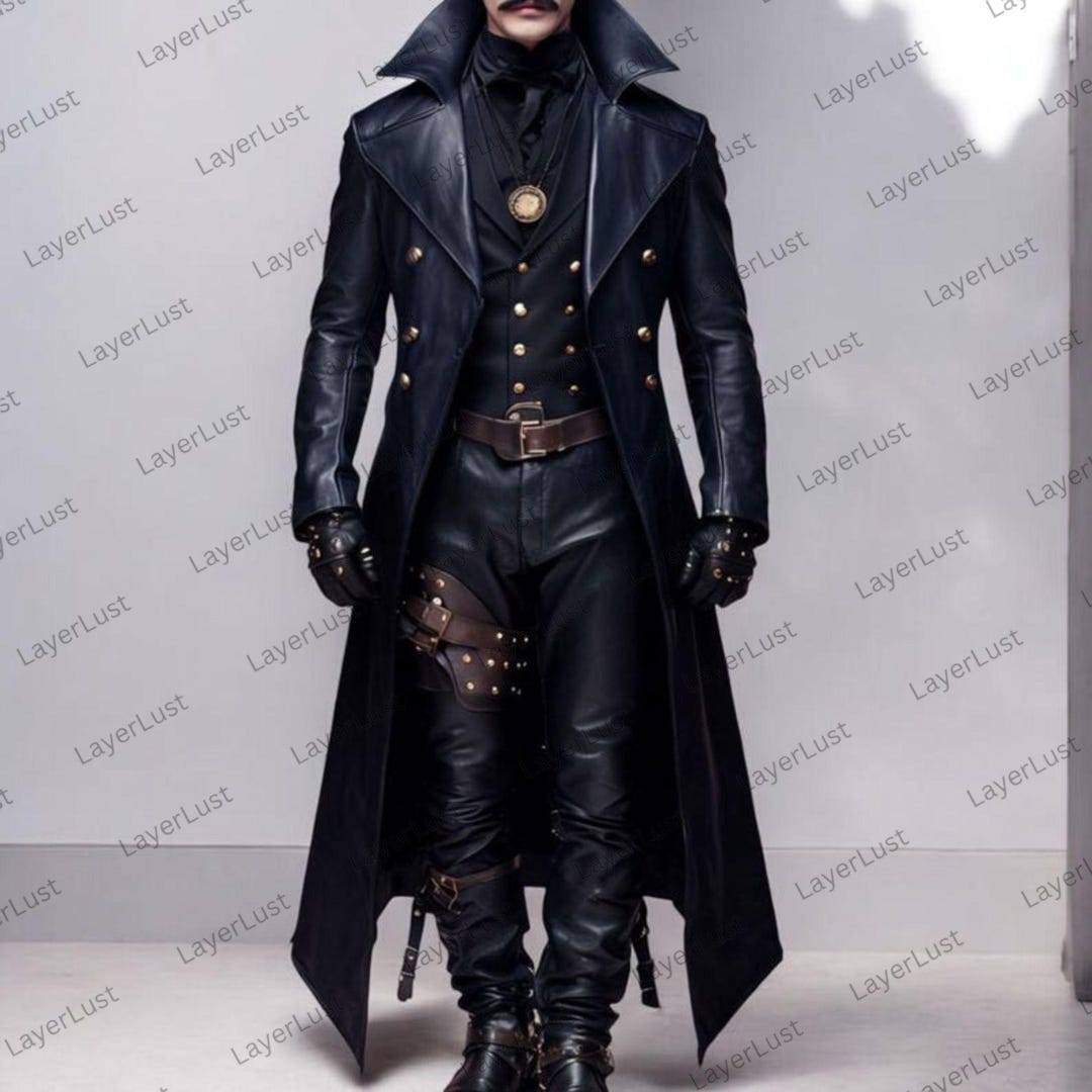 Men's Black Leather Gothic Coat, Trench Coat, Long Steampunk Gothic ...