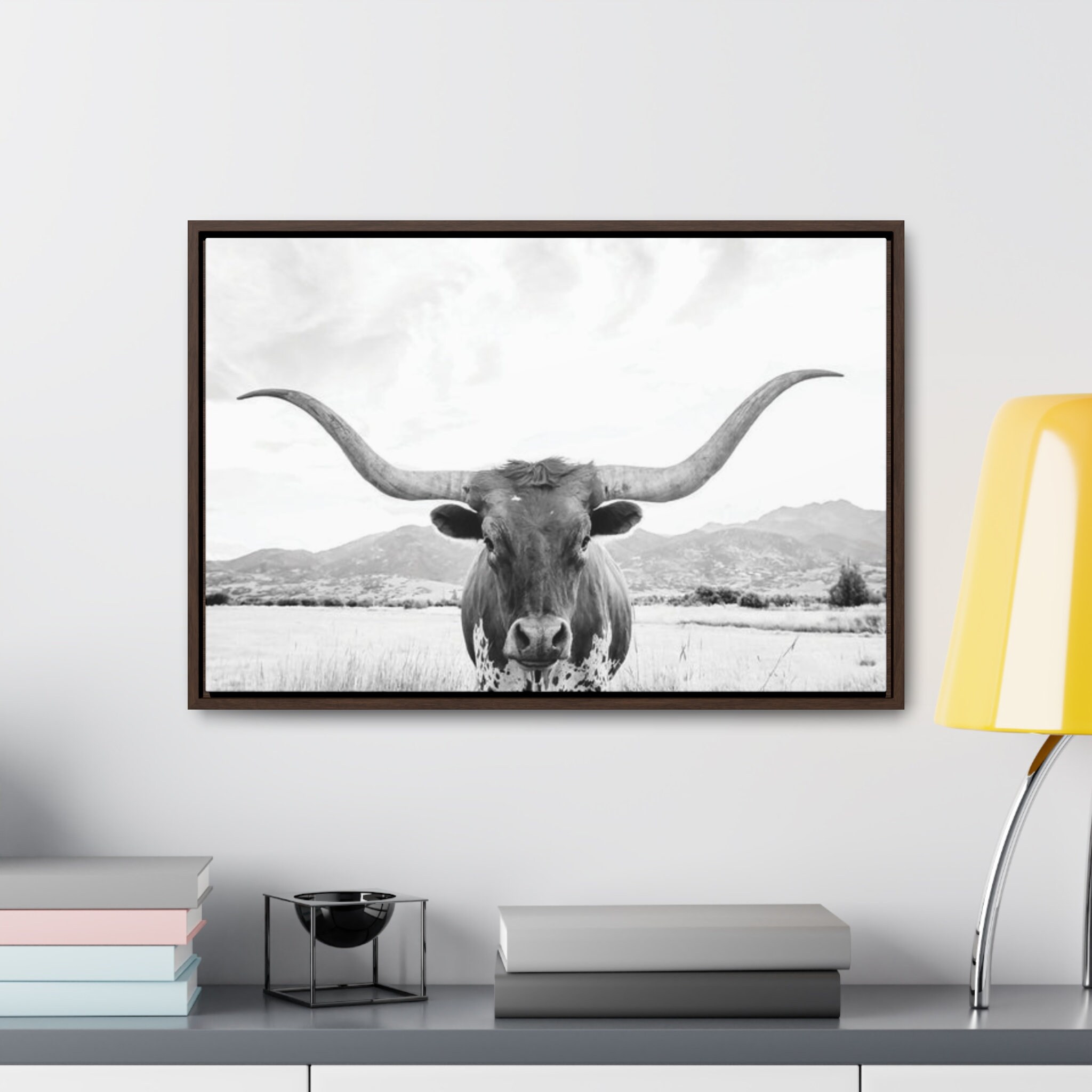 Black and White Longhorn Cow Canvas Print Rustic Countryside Art ...