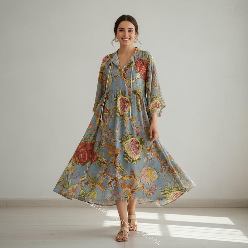 Grey Floral Block Print Kyra Midi Dress | Bohemian Cotton Dress for ...