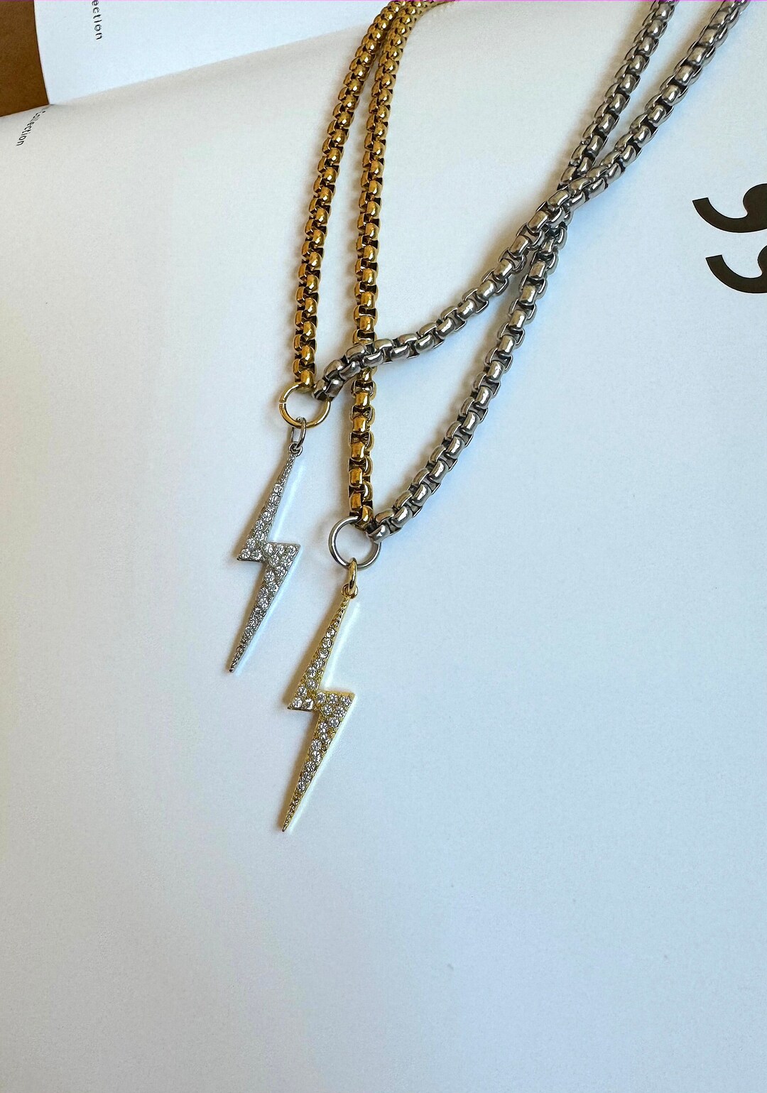 Two-tone Lightning Bolt Necklace: Pavé Crystal Charm, Stainless Steel Chain - Etsy