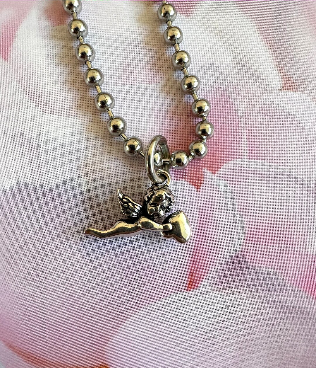 BABY CUPID NECKLACE Stainless Steel Ball Chain Necklace Silver Cupid ...