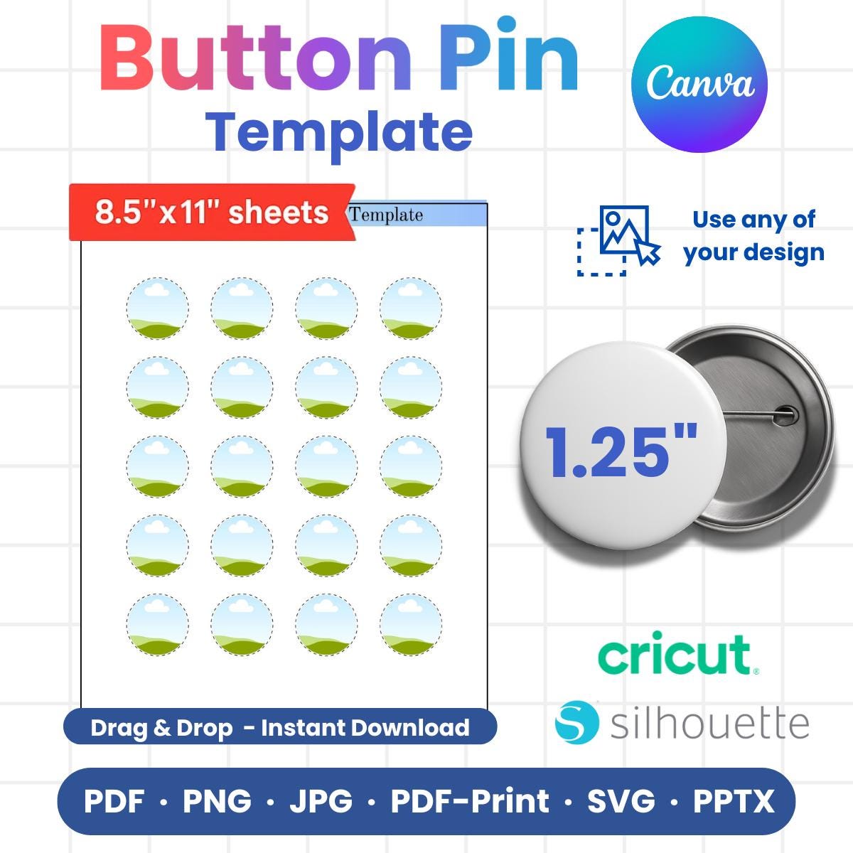 1.25" Button Pin Template, Button Pin Svg, Button Pin Blank ...
