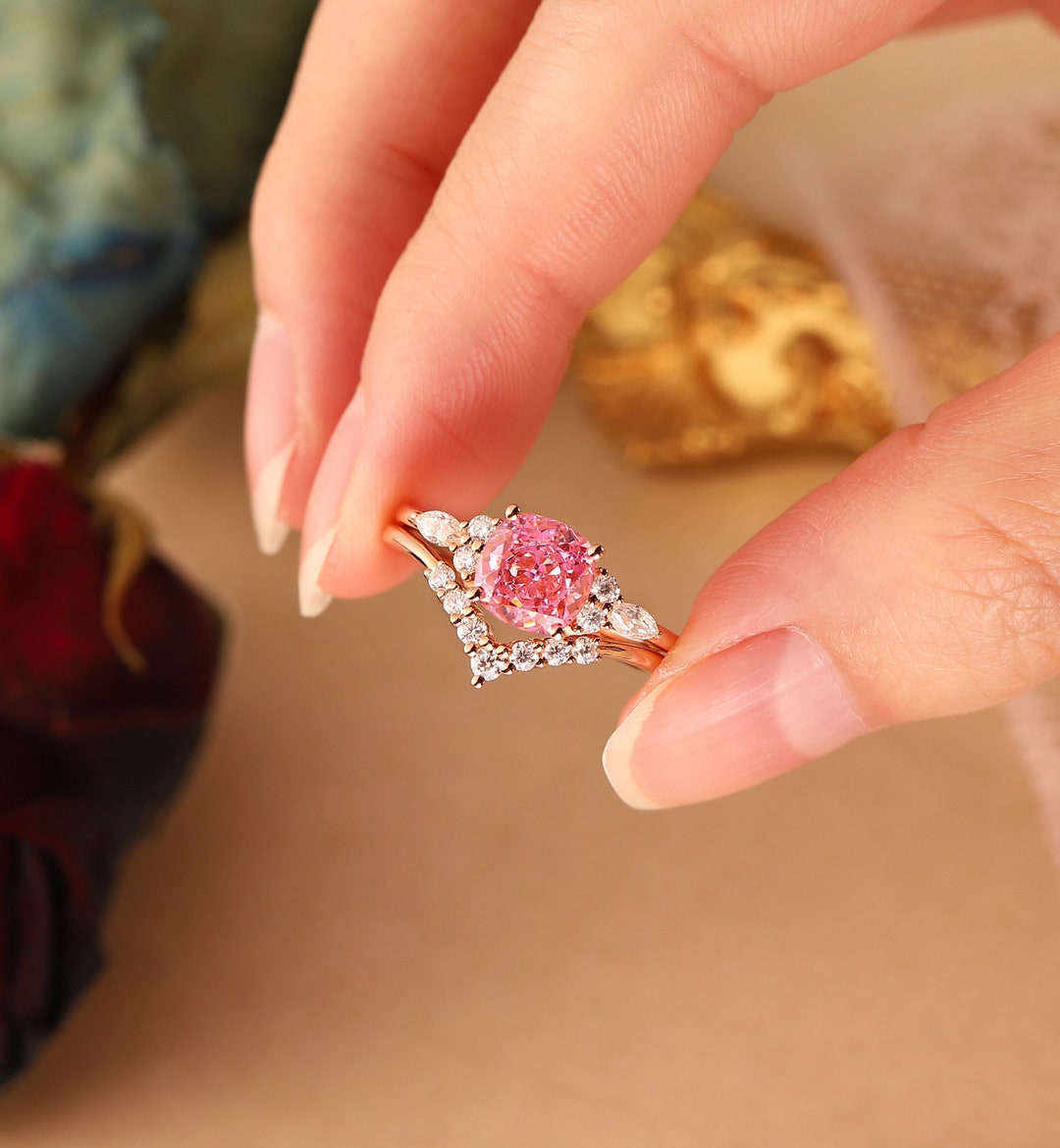 Pink Diamond Ring Set, Engagement Ring Set, 7mm Cushion Cut Fancy Pink ...