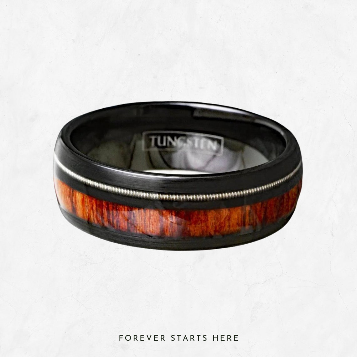 8MM Mens Black Tungsten Ring Guitar String & Acacia Wood Mens Wedding ...