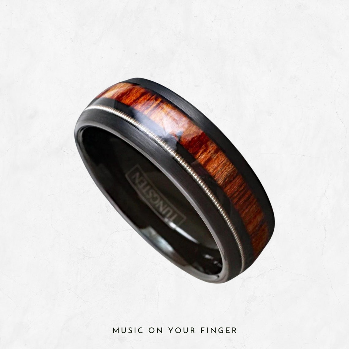 8MM Mens Black Tungsten Ring Guitar String & Acacia Wood Mens Wedding ...
