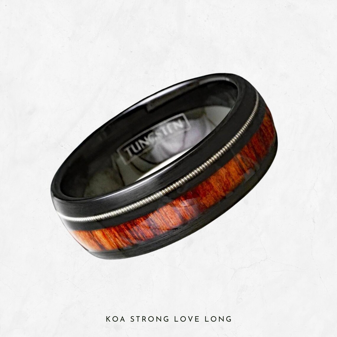 8MM Mens Black Tungsten Ring Guitar String & Acacia Wood Mens Wedding ...