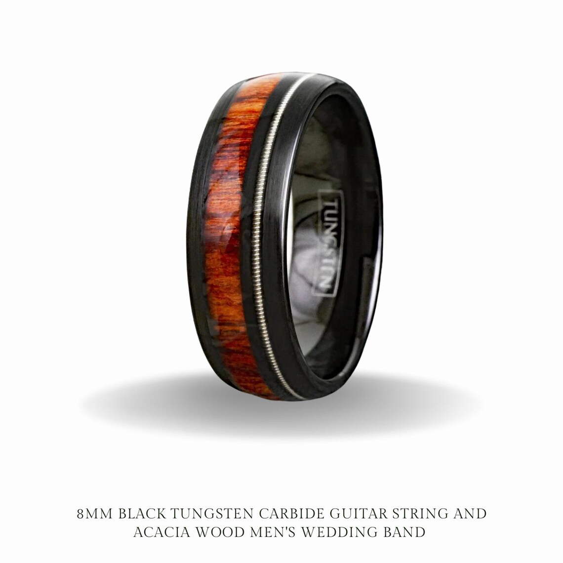 8MM Mens Black Tungsten Ring Guitar String & Acacia Wood Mens Wedding ...