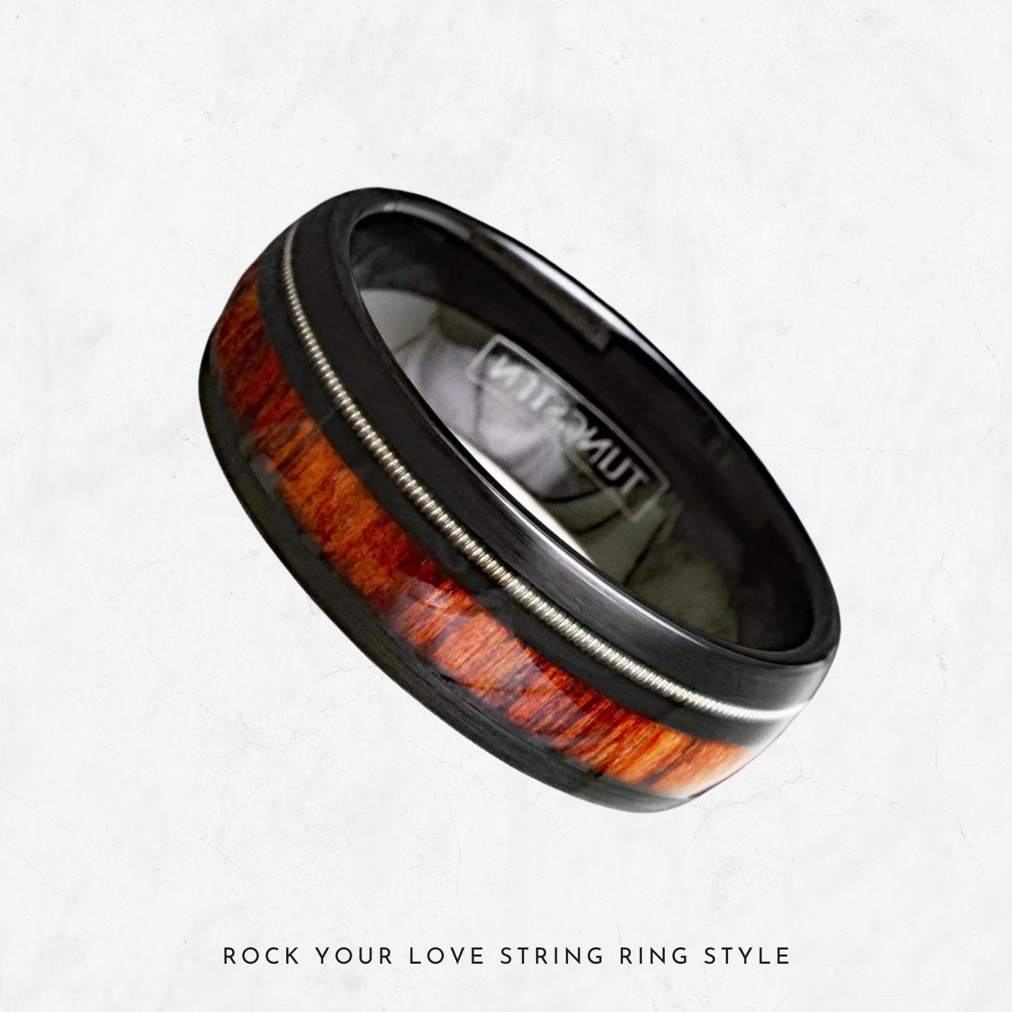 8MM Mens Black Tungsten Ring Guitar String & Acacia Wood Mens Wedding ...